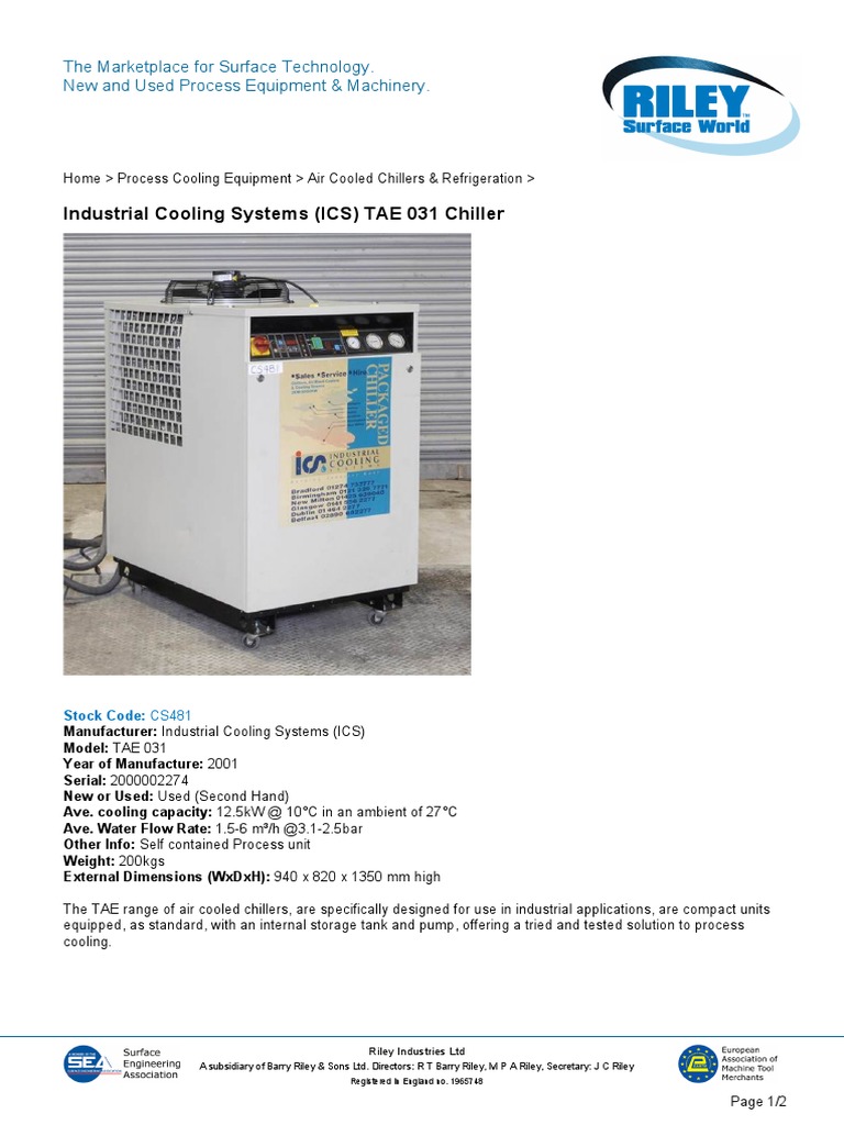Industrial Cooling Systems (ICS) TAE 031 Chiller | PDF | Air ...
