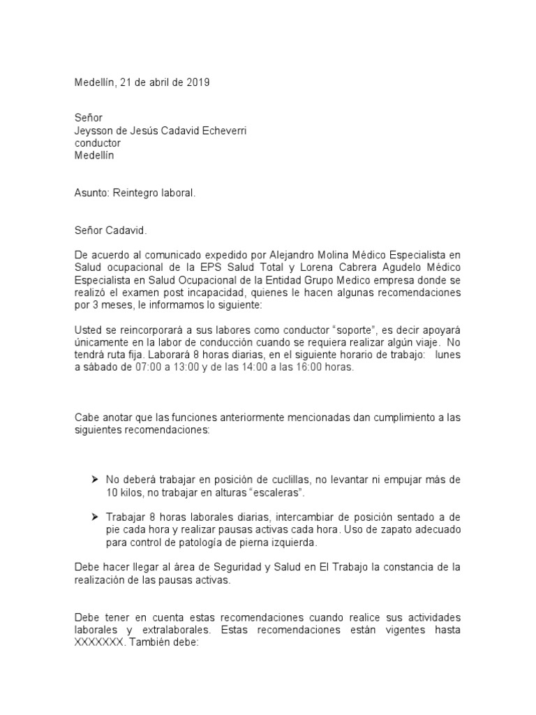 Modelo Carta de Reintegro | PDF