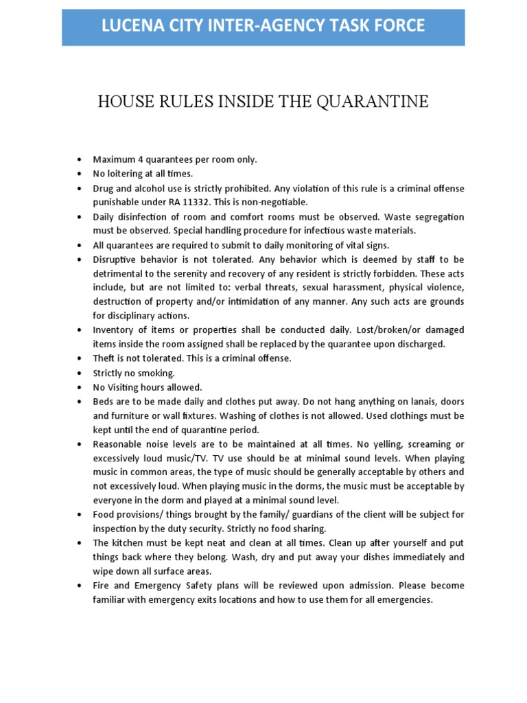 House Rules - Isolation Facility | PDF | Quarantine | Social Institutions