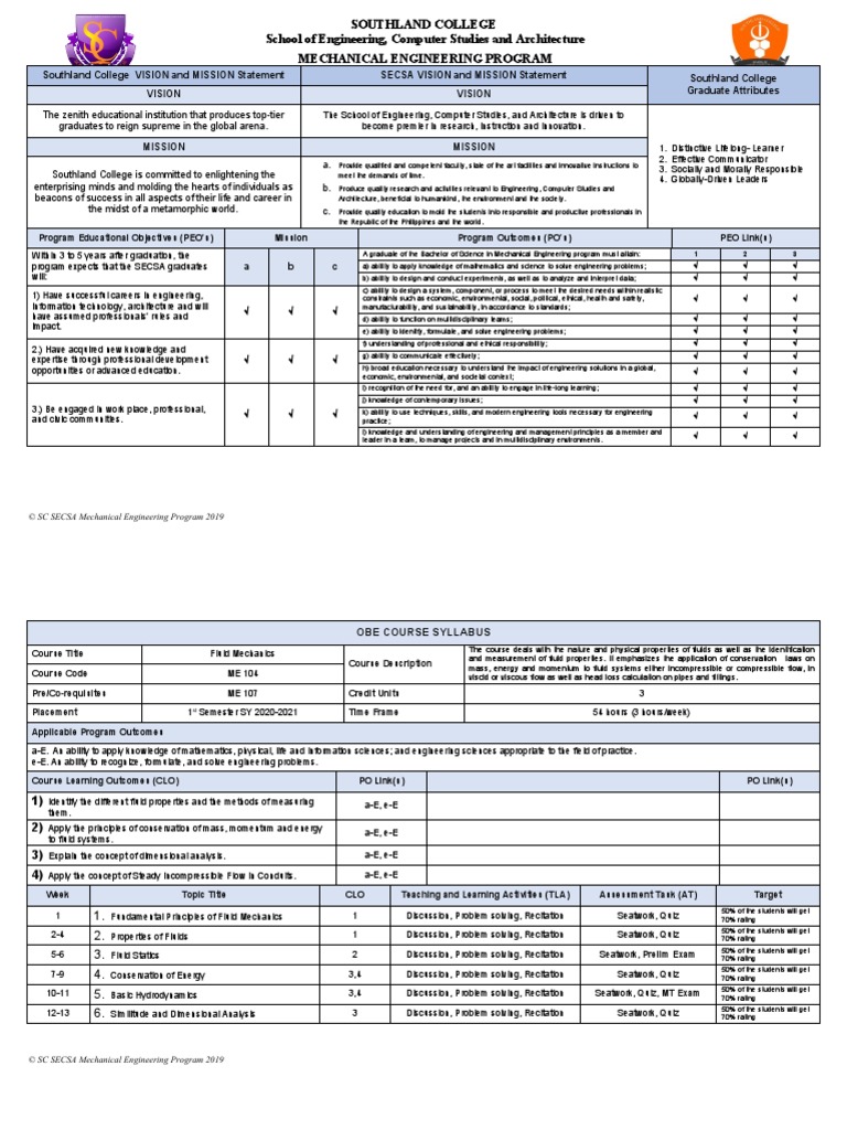 Sample OBE COURSE SYLLABUS - With Module Support | PDF | Fluid Dynamics | Fluid Mechanics