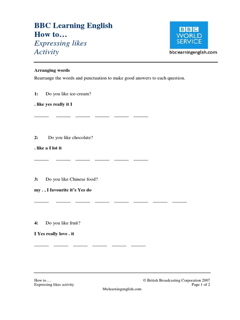 Expressing Likes Activity: BBC Learning English How To | PDF | Wellness