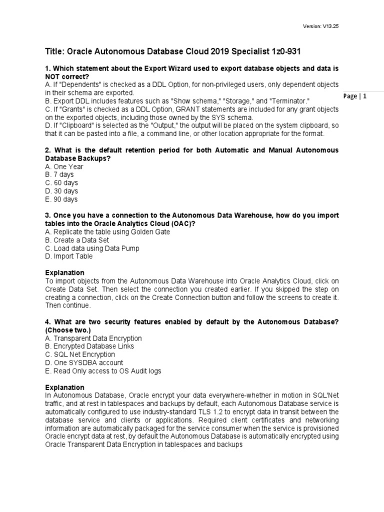 Oracle Autonomous Database Cloud 2019 Specialist 1z0-931 | PDF ...