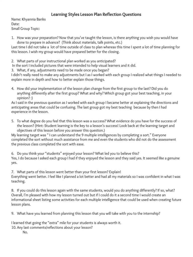 Learning Styles Lesson Plan Reflection Questions | PDF | Lesson Plan | Learning Styles