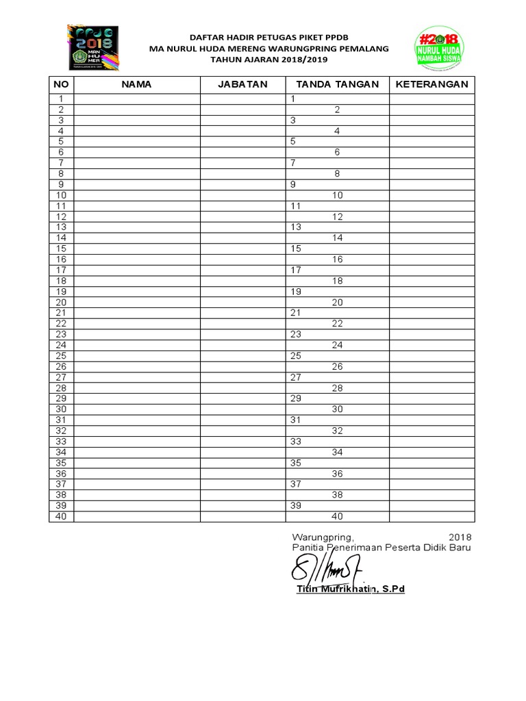 Daftar Hadir Petugas Piket PPDB 4XHVS | PDF