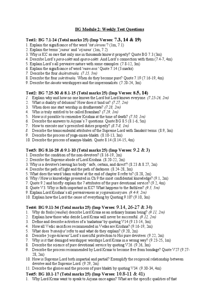 BG Module 2 Weekly Test Questions Sunday BS | PDF | Krishna | Hinduism