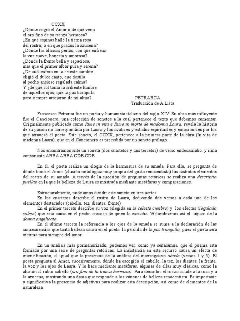 Comentario SONETO CCXX Petrarca | PDF | Sonetos | Forma Stanzaica