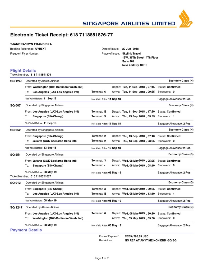 Singapore Airlines E-Ticket Receipt | PDF | Airlines | Baggage