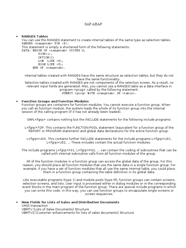 SAP ABAP Range Tables | PDF | Subroutine | Parameter (Computer Programming)
