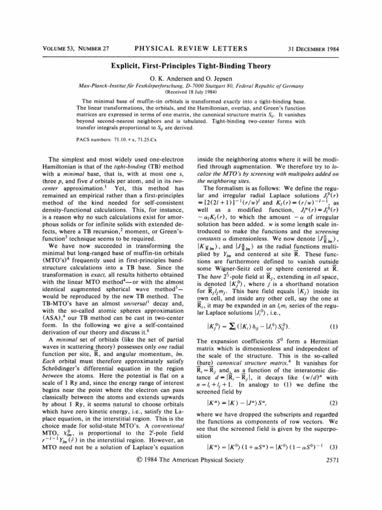 Physical Review Explicit, First-Principles: Tight-Binding Theory | PDF ...