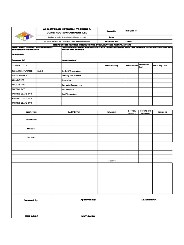 MNT - QC - BP - 001 Blasting & Painting Report | PDF | Materials | Nature