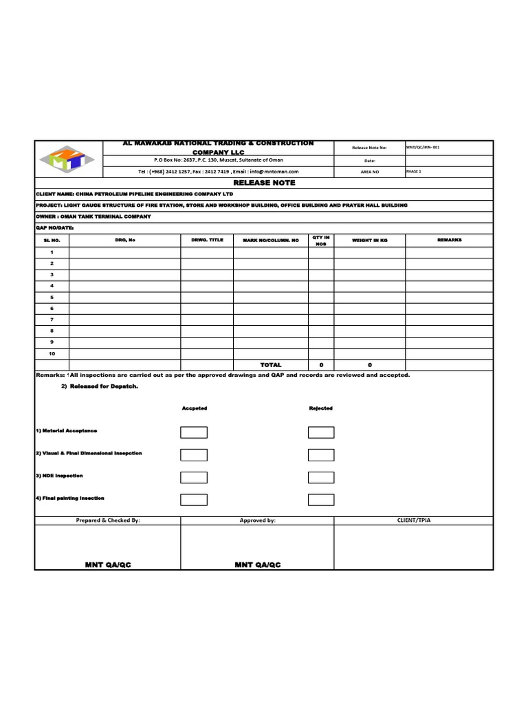 IRN Inspection Release Note Details | PDF