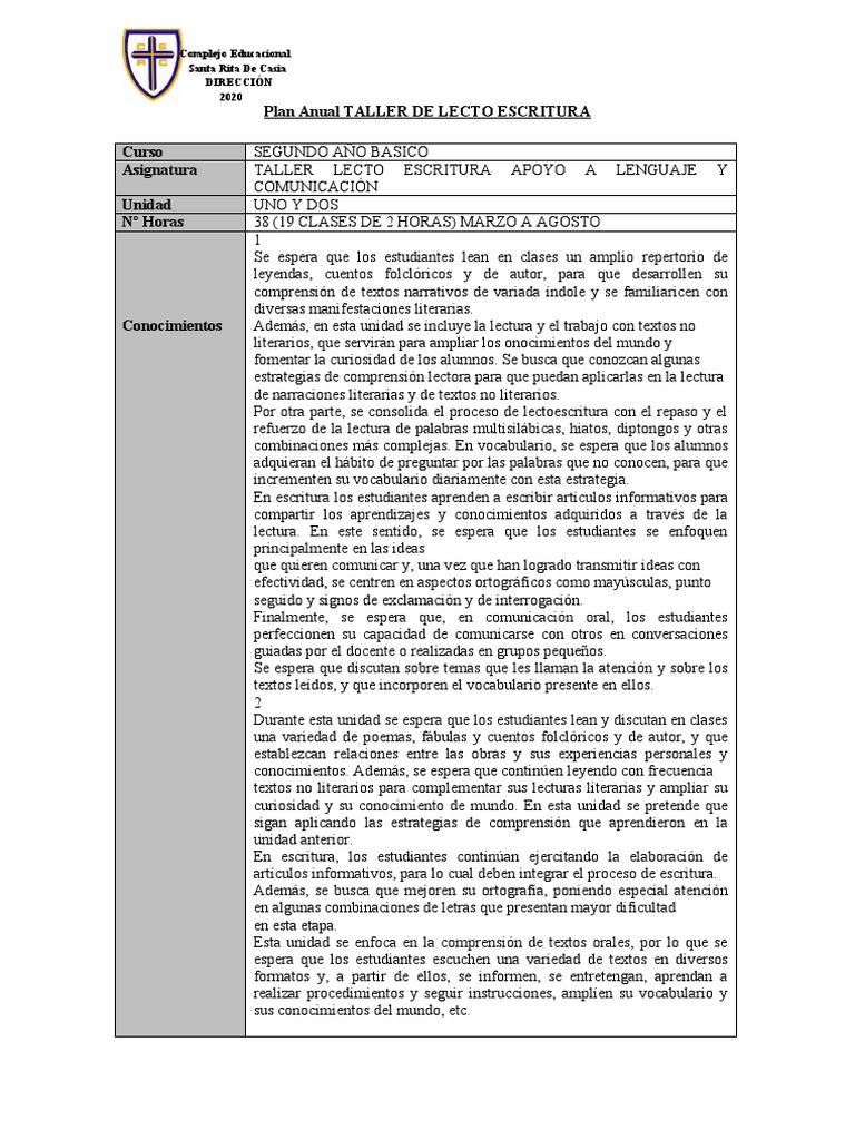 Plan Anual Taller Lectoescritura 2° Básico | PDF | Comprensión lectora ...