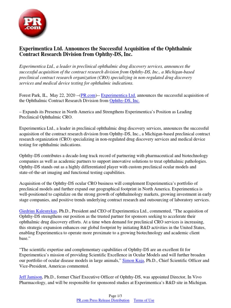 Experimentica Ltd. Announces The Successful Acquisition of The ...