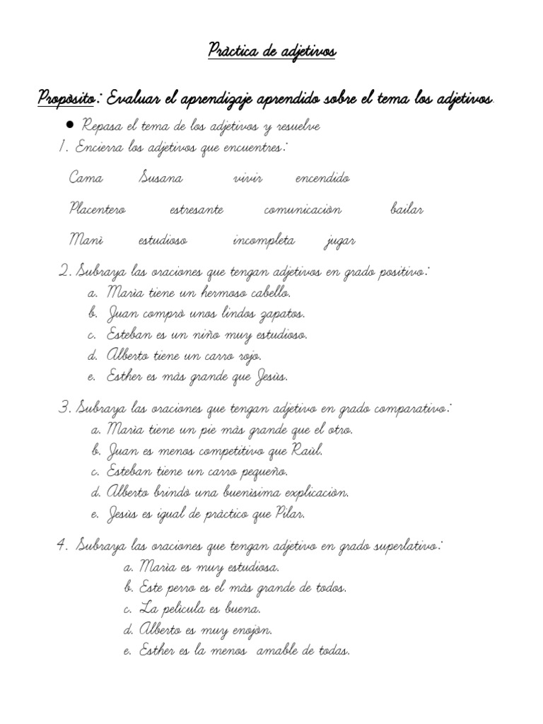 Práctica de Adjetivos | PDF