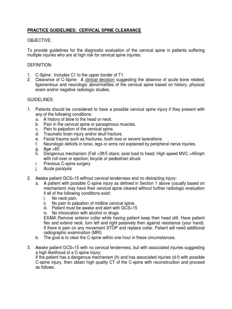 Practice Guidelines: Cervical Spine Clearance | Download Free PDF ...