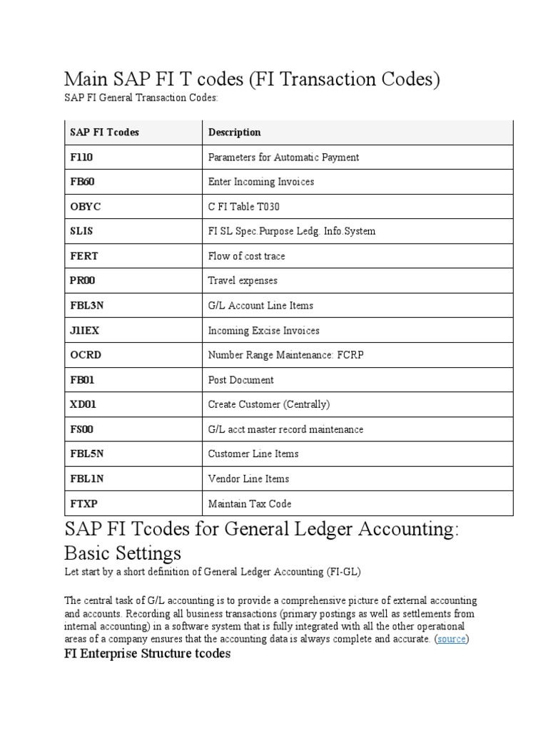 Main SAP FI T Codes | PDF | Deferral | Payments
