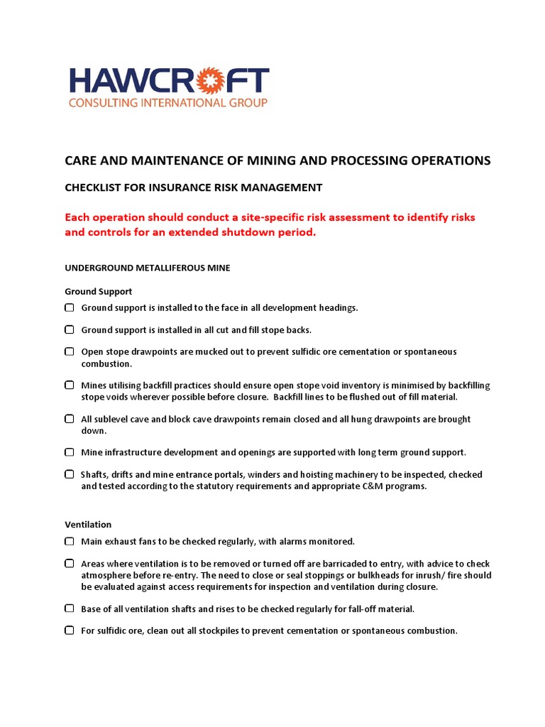 Care and Maintenance Checklist | PDF | Coal Mining | Mining