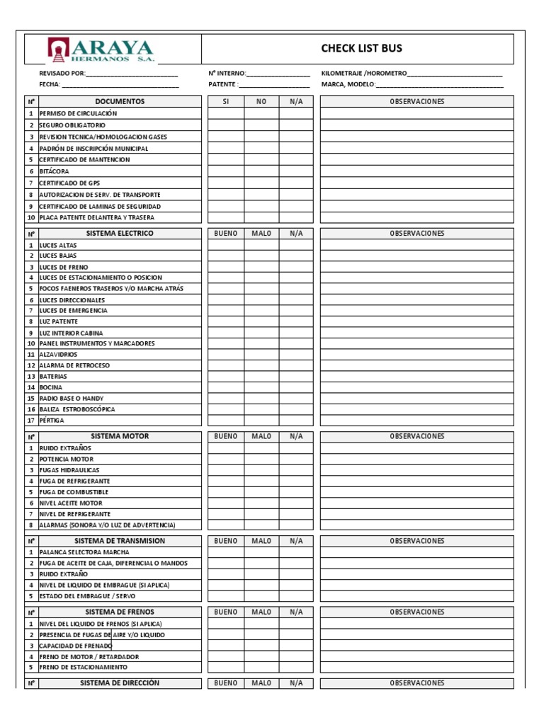 Checklist de Inspección de Buses | PDF | Neumático | Partes de vehículo