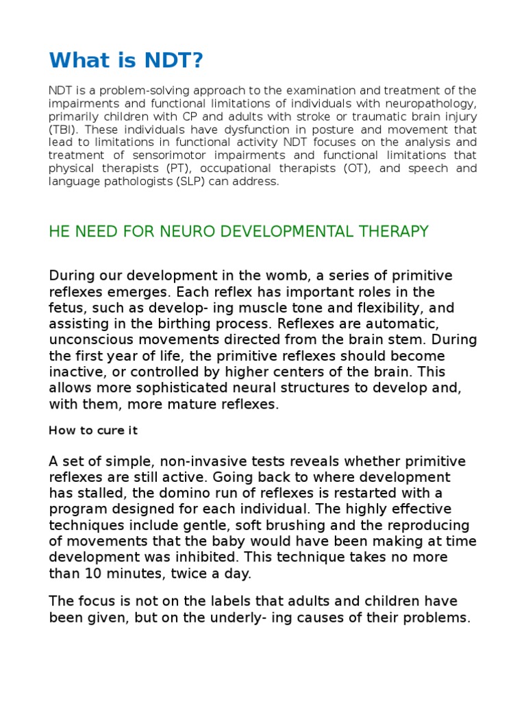 What Is NDT?: He Need For Neuro Developmental Therapy | PDF | Mental ...