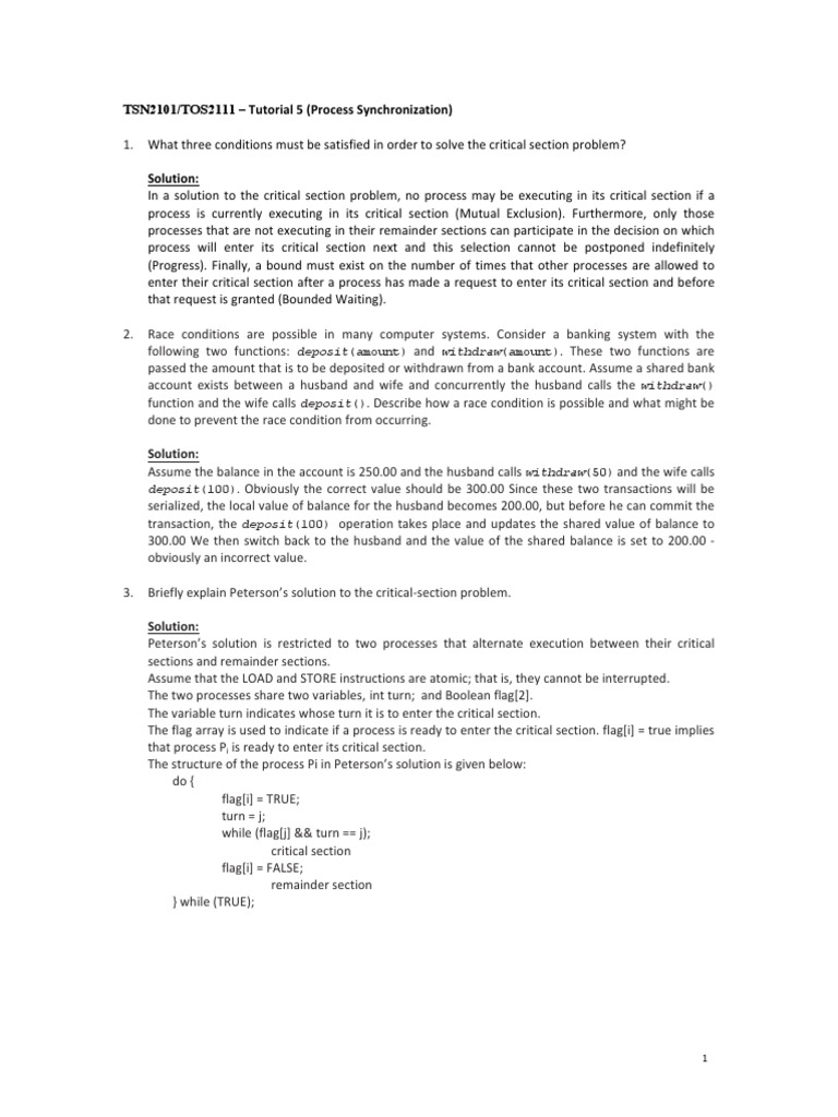 TSN2101/TOS2111 - Tutorial 5 (Process Synchronization) : Deposit (Amount) Withdraw (Amount ...