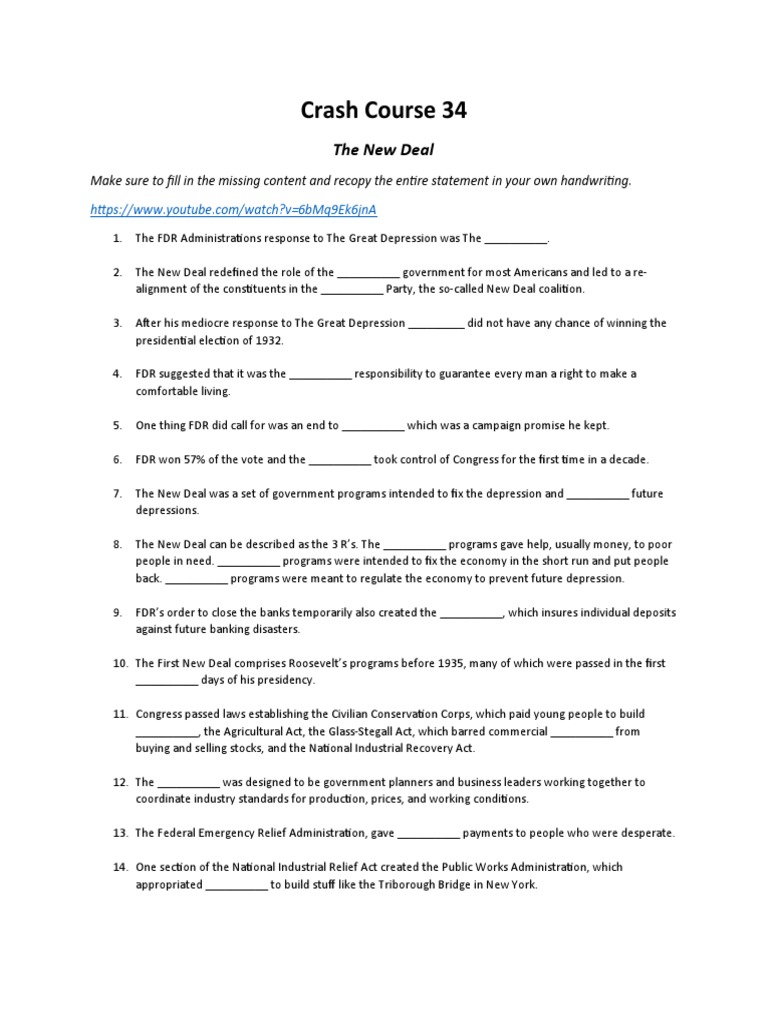 Crash Course 34-The New Deal-Students | PDF | New Deal | Franklin D ...