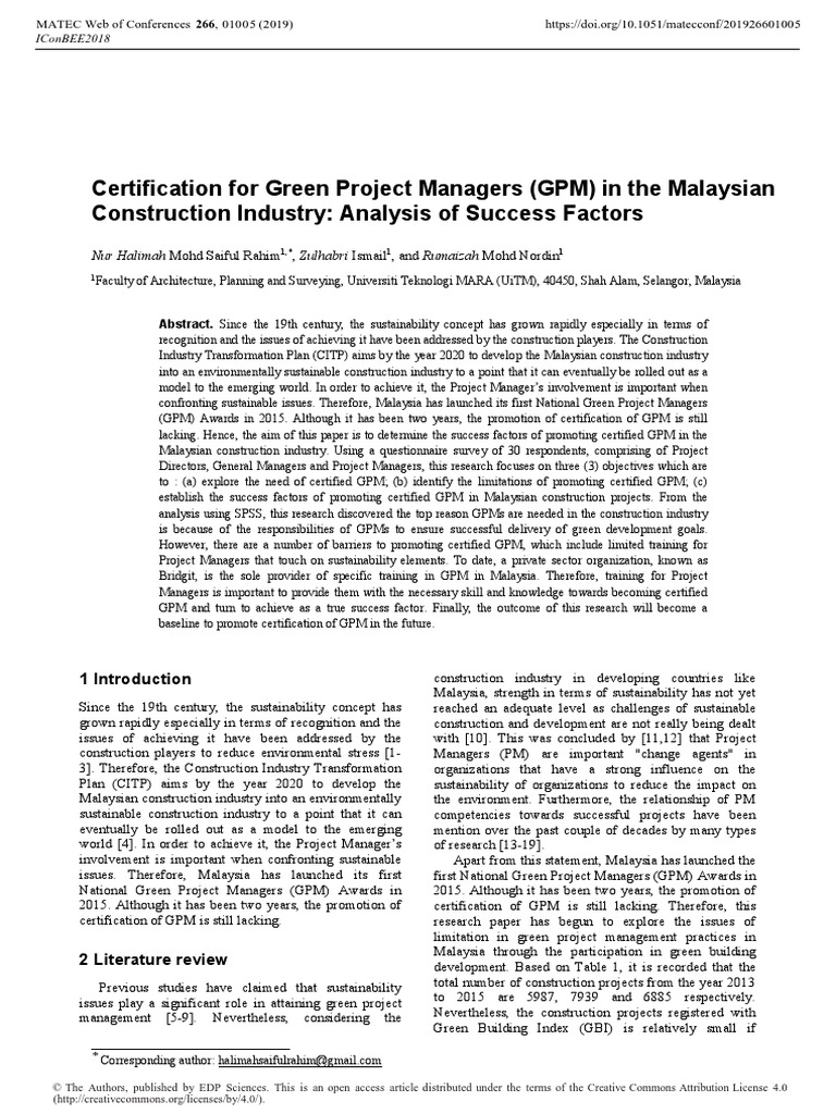 Certification For Green Project Managers (GPM) in The Malaysian ...