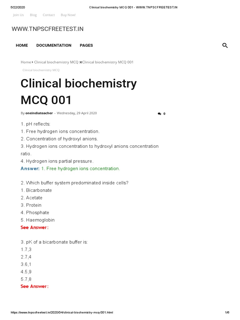 Clinical Biochemistry MCQs 001 | PDF