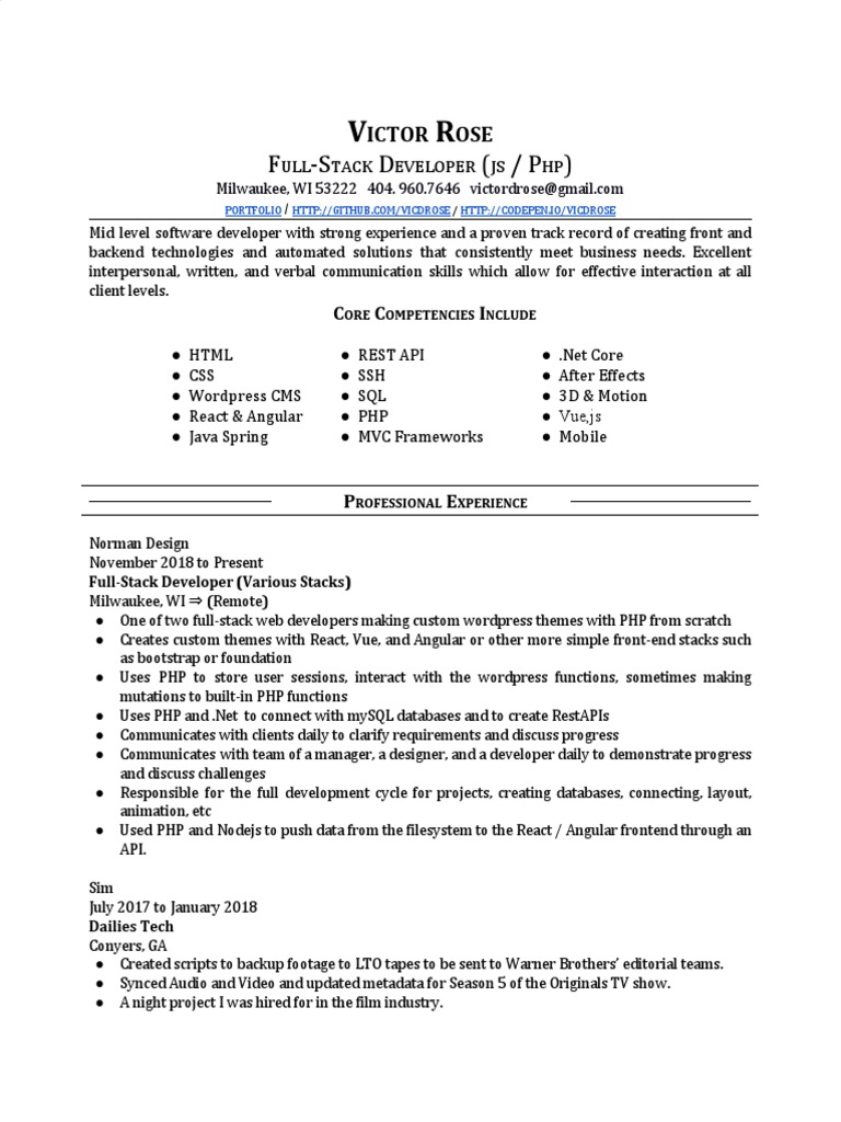 Full-Stack Software Dev Resume | PDF | Word Press | Php