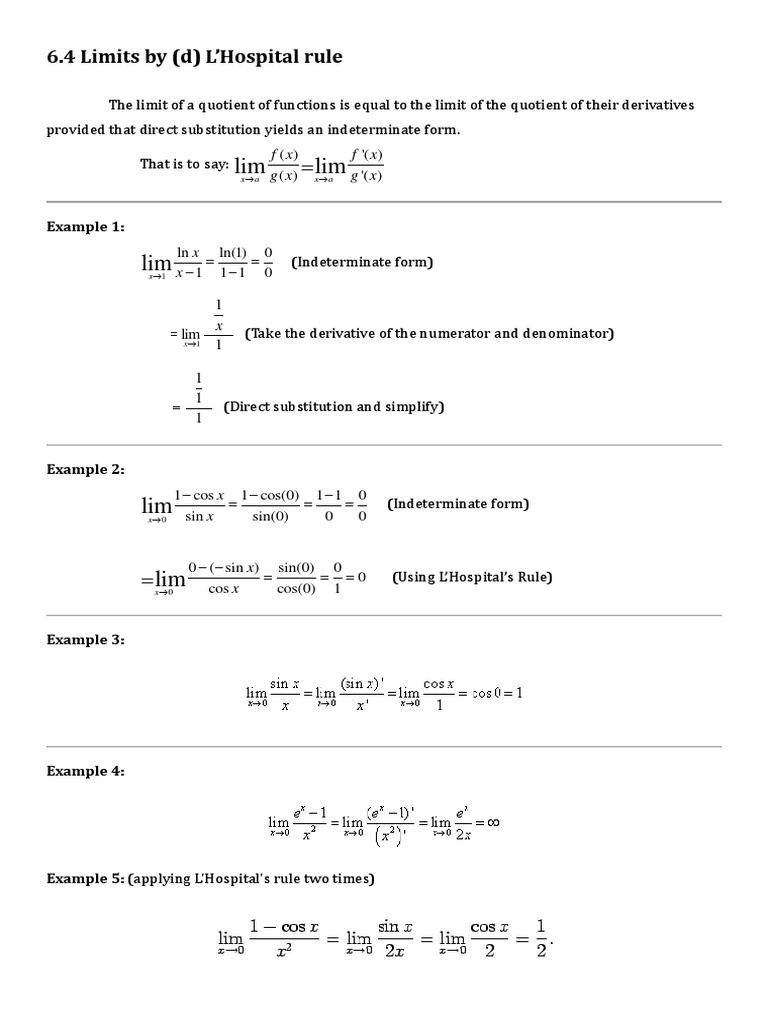 L'Hospital's Rule: Limit Examples | PDF | Complex Analysis | Derivative