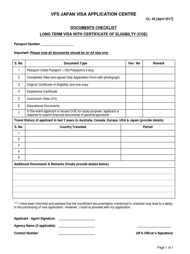 Vfs Japan Visa Application Centre: Documents Checklist Long Term Visa ...