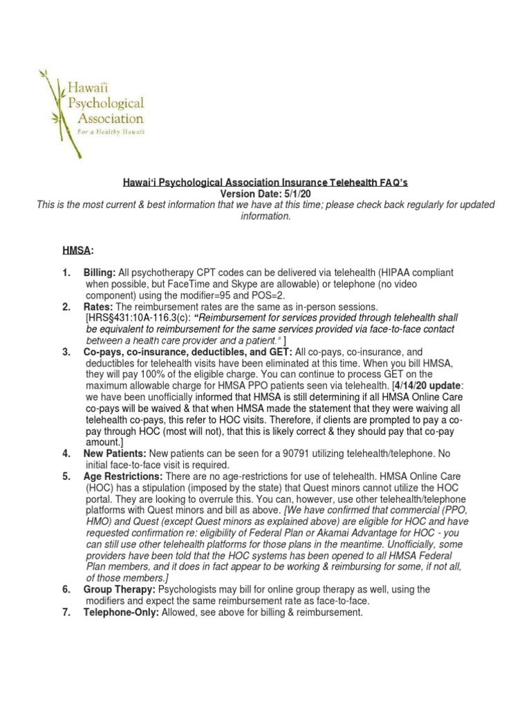 HPA TelePsychology Insurance-Specific Guidance | PDF | Health Economics ...