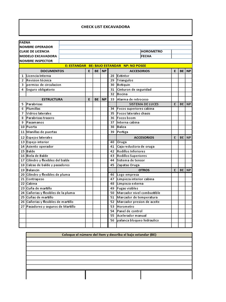 Check-List-Excavadora Constructora INGAL | PDF | Vehículos | Vehículo de motor