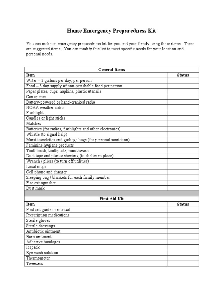 Home Emergency Preparedness Kit: General Items Item Status | PDF