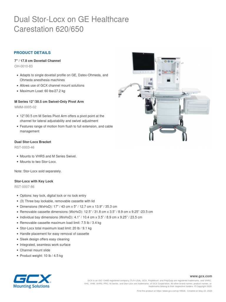 GCX Dual Stor Locx On Ge Healthcare Carestation 650 | PDF