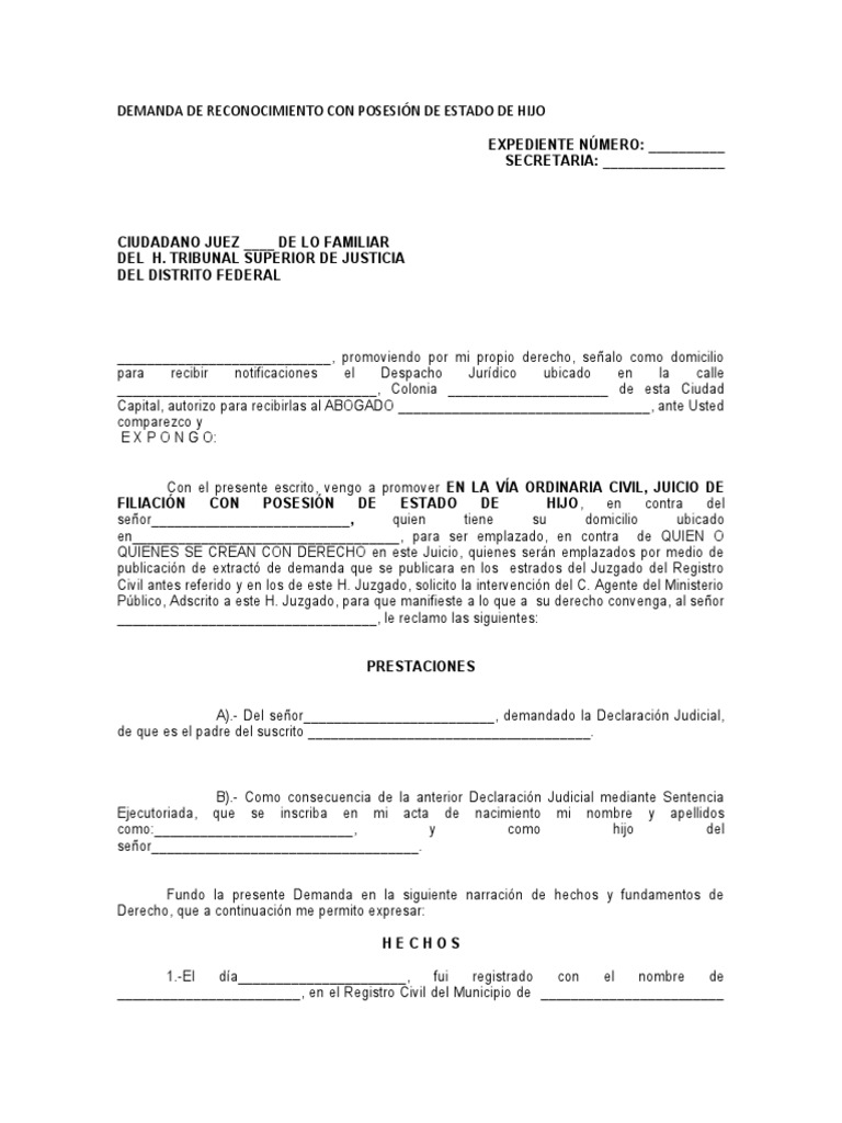 Demanda de Reconocimiento Con Posesi N de Estado de Hijo | PDF ...