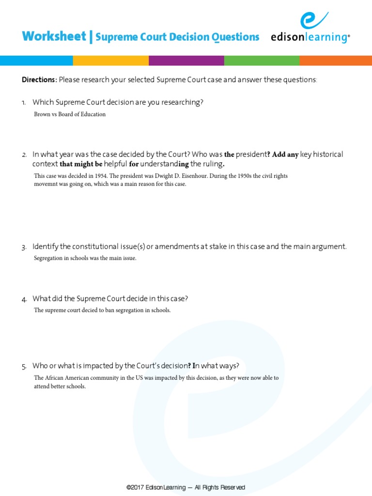 Worksheet - : Supreme Court Decision Questions | PDF