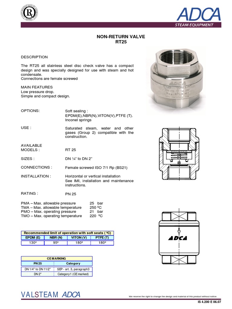 ADCA RT25 Non-Return Valve Guide | PDF | Valve | Chemistry