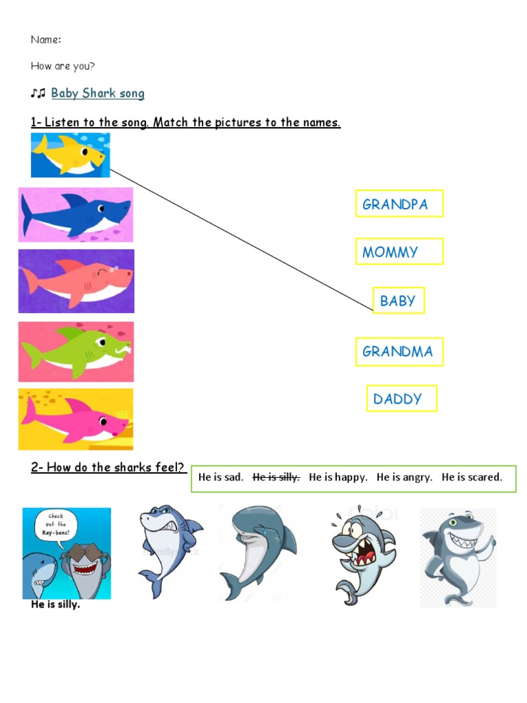 Baby Shark Song: 1-Listen To The Song. Match The Pictures To The Names ...