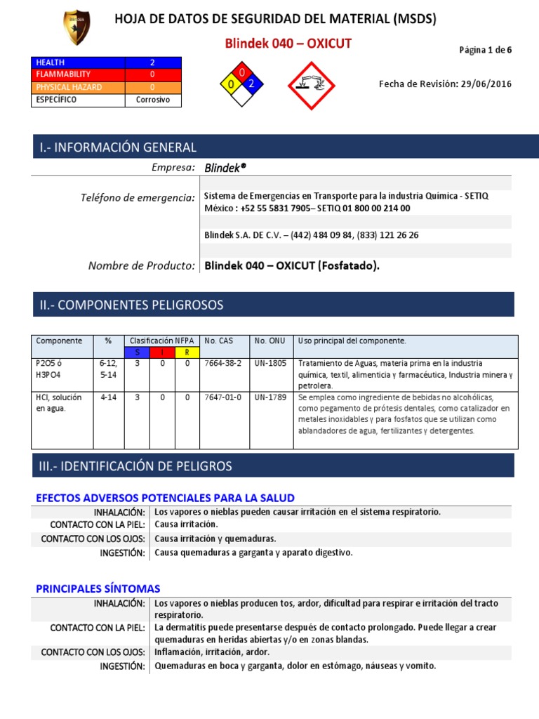 MSDS - 040 - Oxicut | PDF | Hidrógeno | Agua