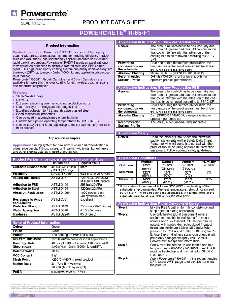 Powercrete R-65/F1: Product Data Sheet | PDF | Epoxy | Coating