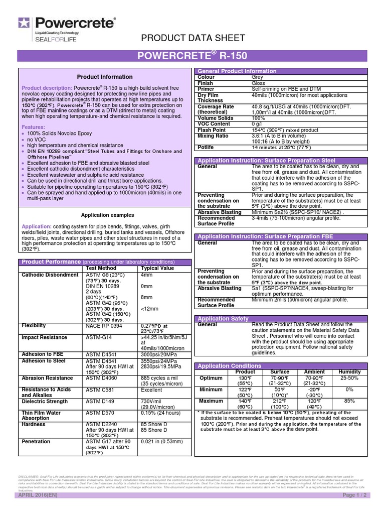 Powercrete R-150: Product Data Sheet | PDF | Epoxy | Pipe (Fluid ...