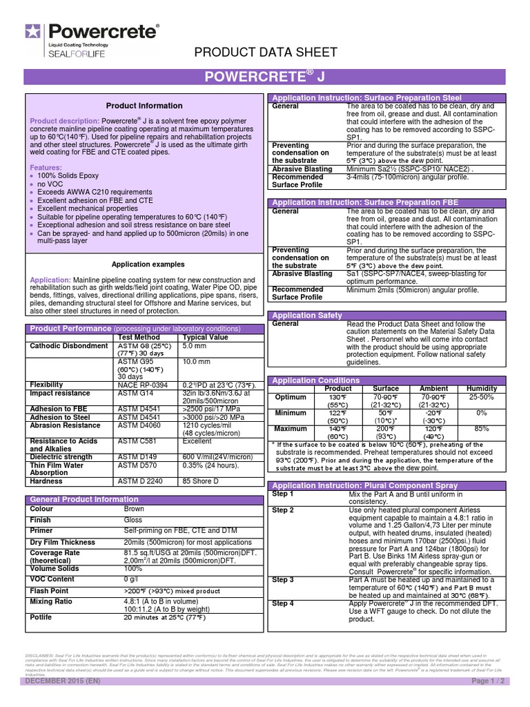Powercrete J: Product Data Sheet | PDF | Epoxy | Pipe (Fluid Conveyance)