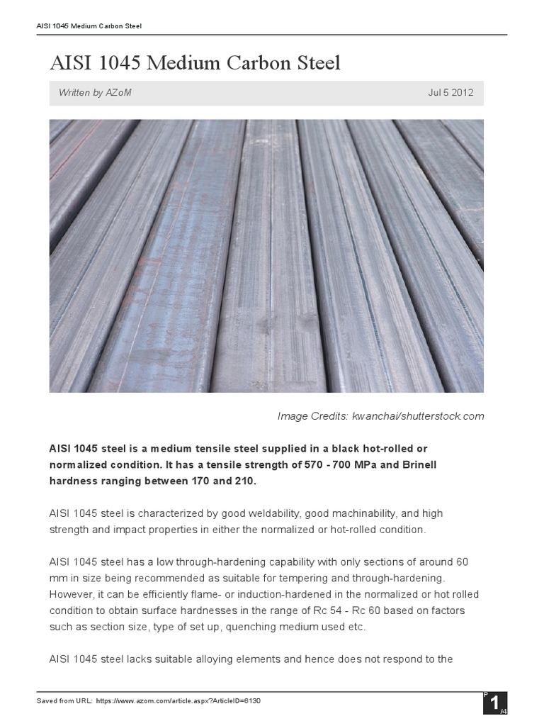 Aisi 1045 Medium Carbon Steel: Written by Azom | PDF | Steel ...