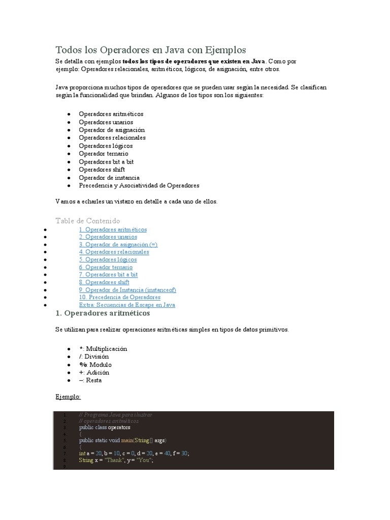 Todos Los Operadores en Java Con Ejemplos | PDF | Poco | Java (lenguaje ...
