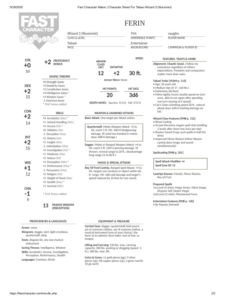 Character Sheet For Tabaxi Wizard 3 (Illusionist) | PDF | Wizards Of ...