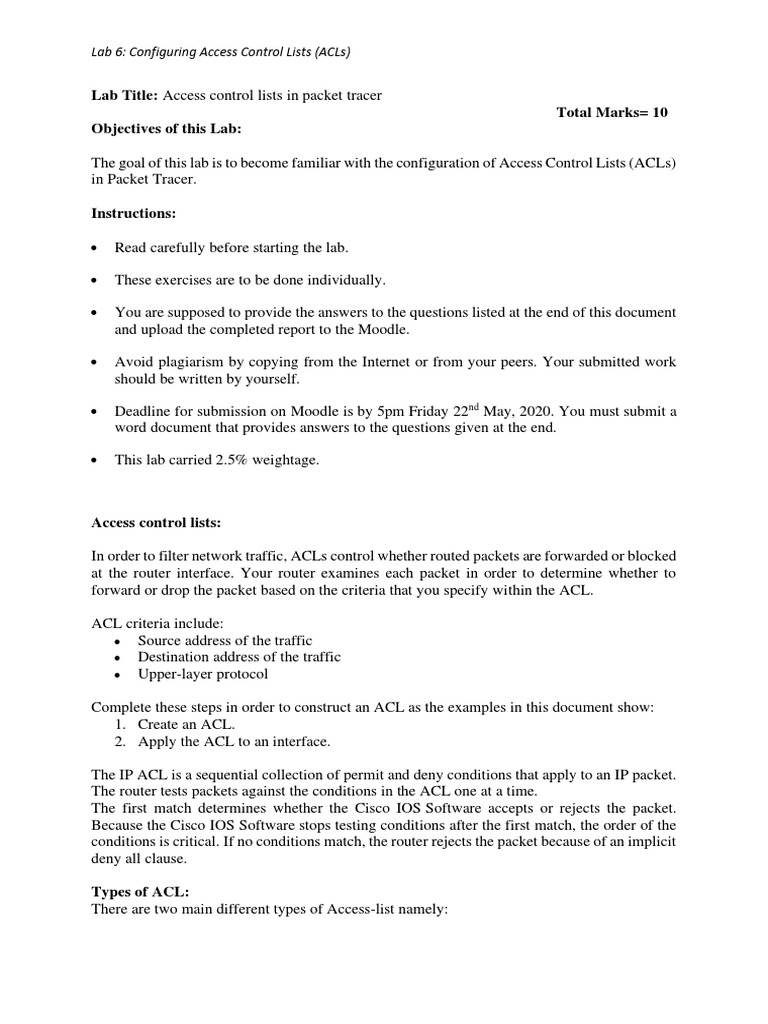 Lab 6-.Access Control List in Packet Tracer | PDF | Internet Protocols | Router (Computing)