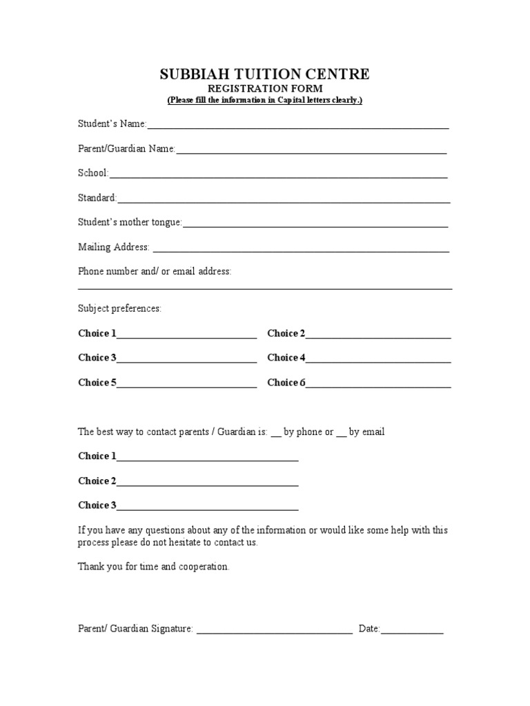 Free Tutoring Registration Form | PDF