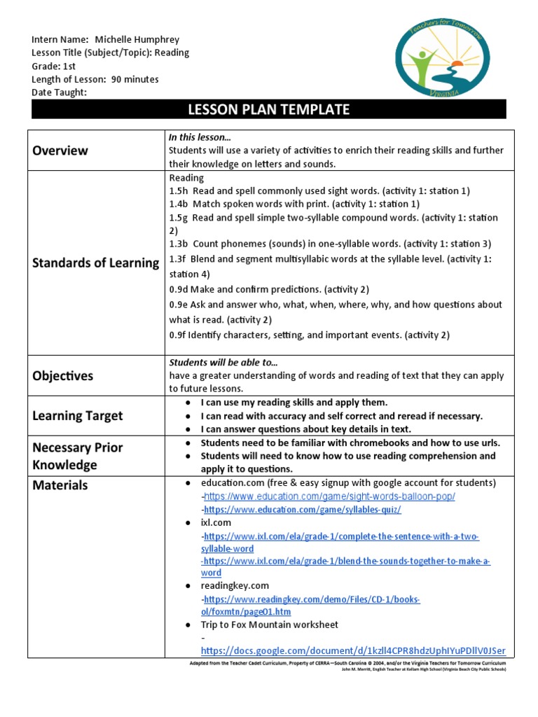 Michelle Humphrey - Lesson Plan Template - 638530 2 | PDF | Lesson Plan ...