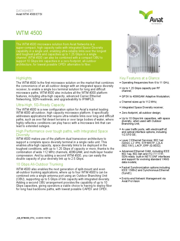 Aviat WTM 4500 Datasheet Overview | PDF | Wi Fi | Ethernet