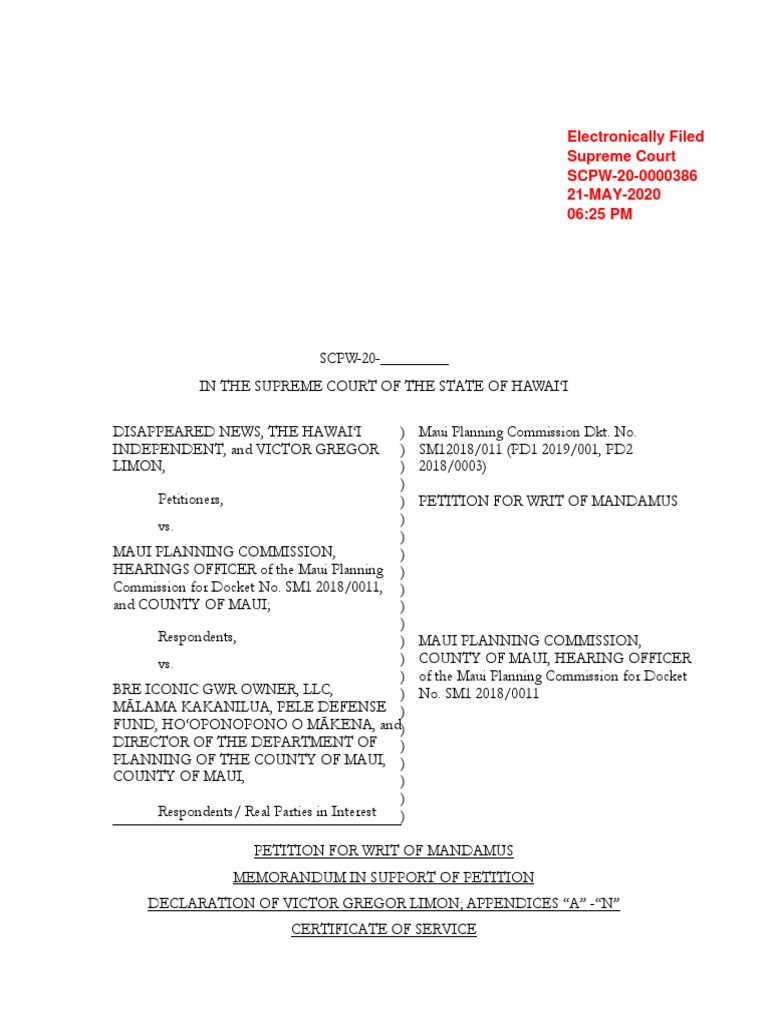 Petition For Writ of Mandamus Re Maui Planning Commission | PDF | Mandamus | Legal Concepts